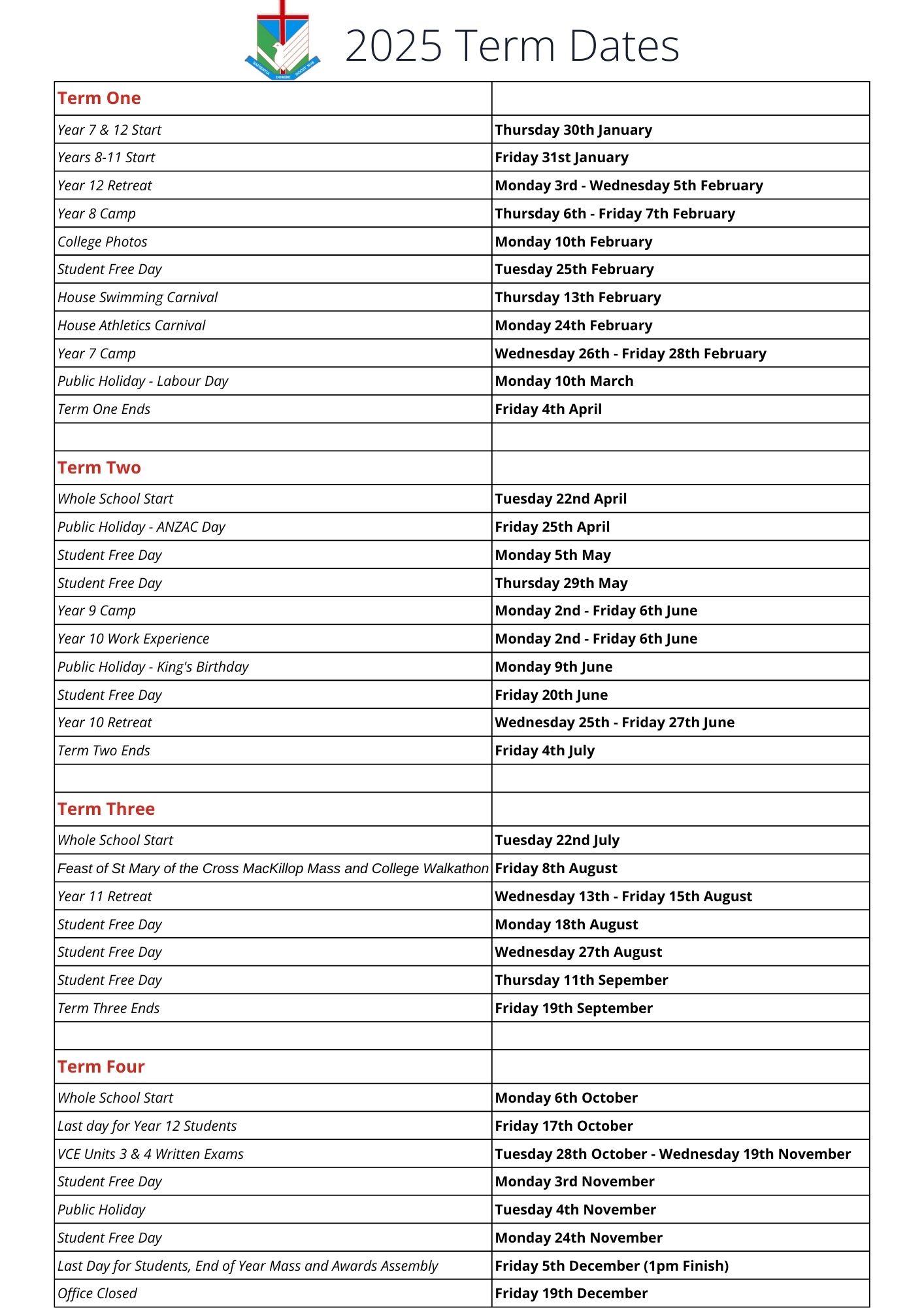 Calendar - Mary MacKillop Catholic Regional College