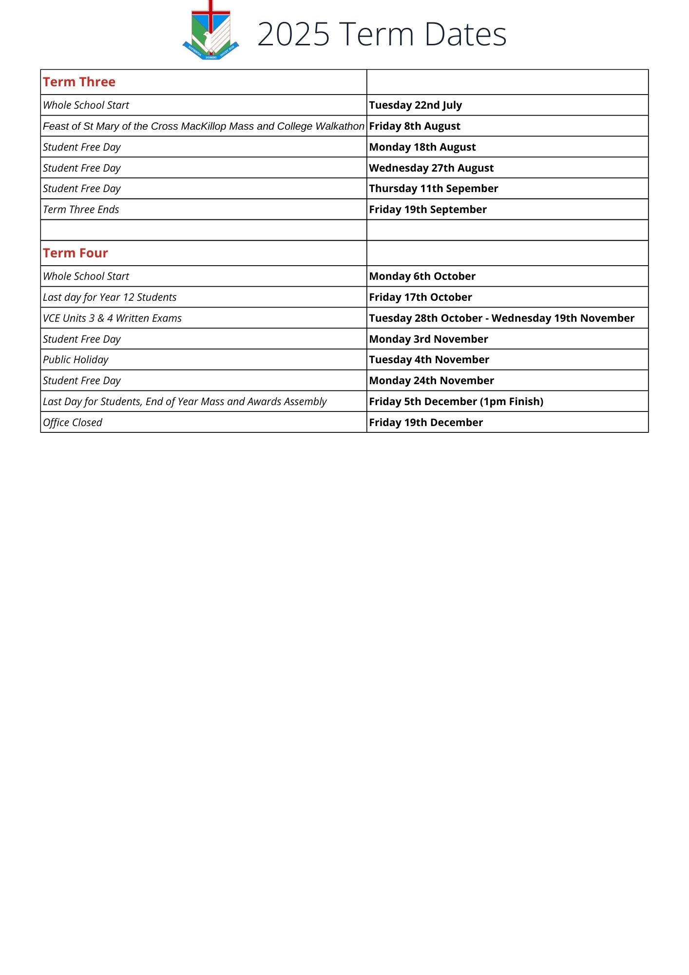 Calendar - Mary MacKillop Catholic Regional College